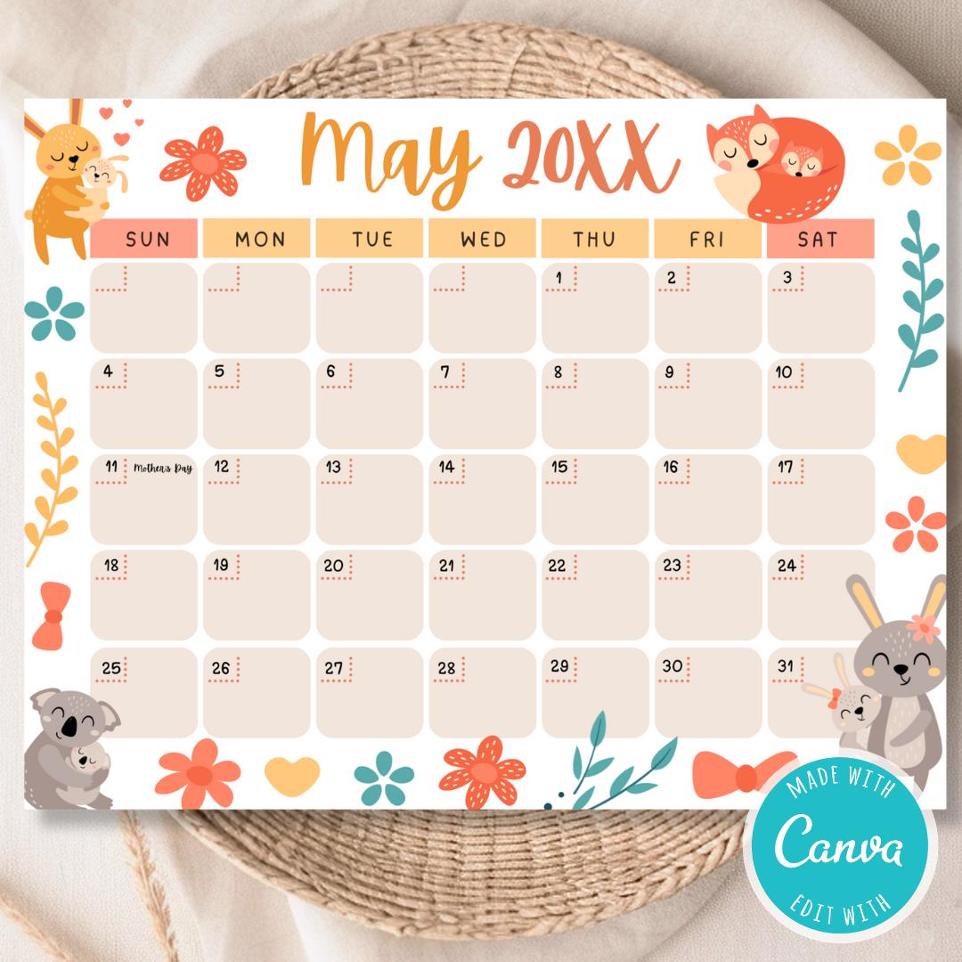 Boho Animals May Calendar Printable | Mother's Day Digital Planner ...