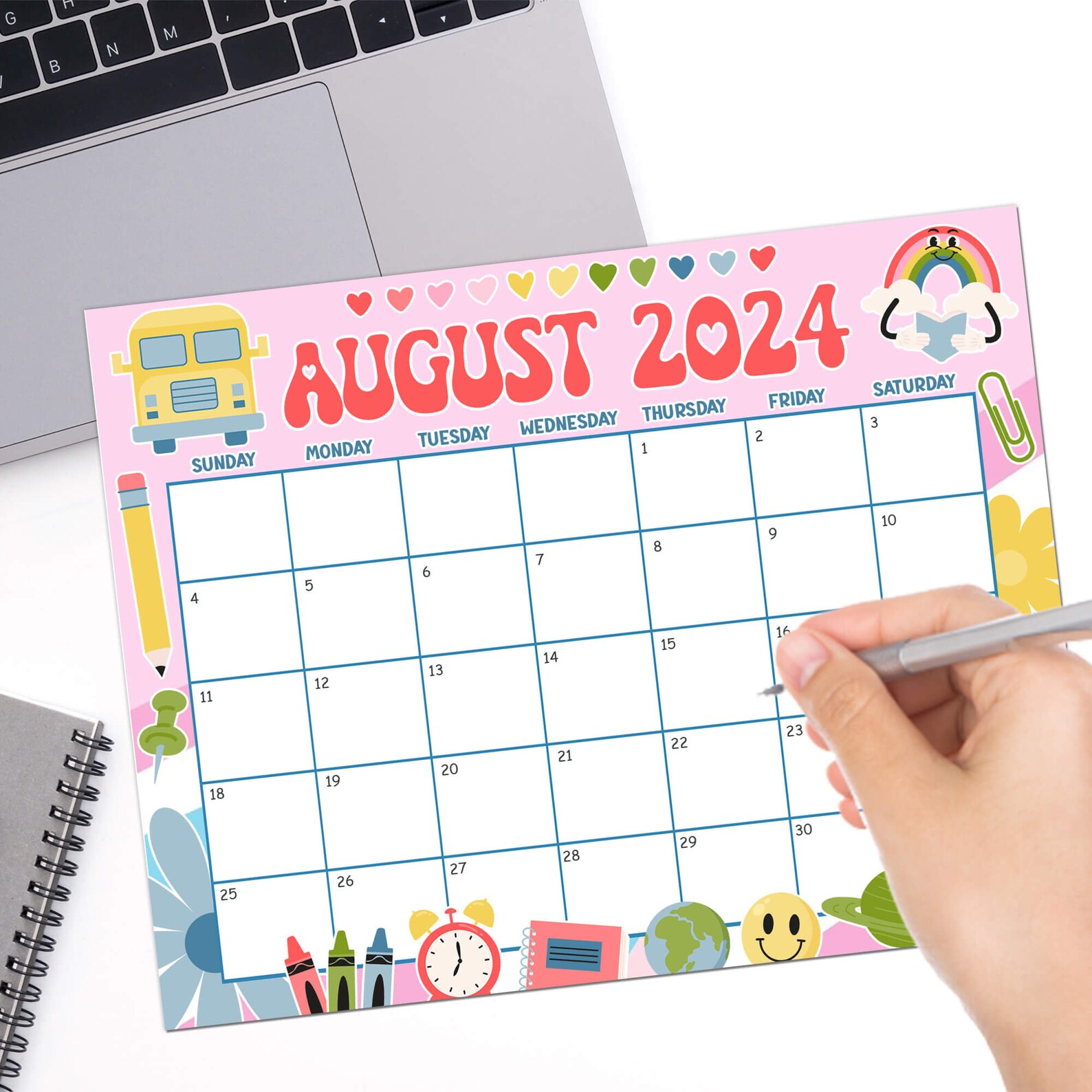 Back to School Themed August 2024 Calendar, Printable August School ...