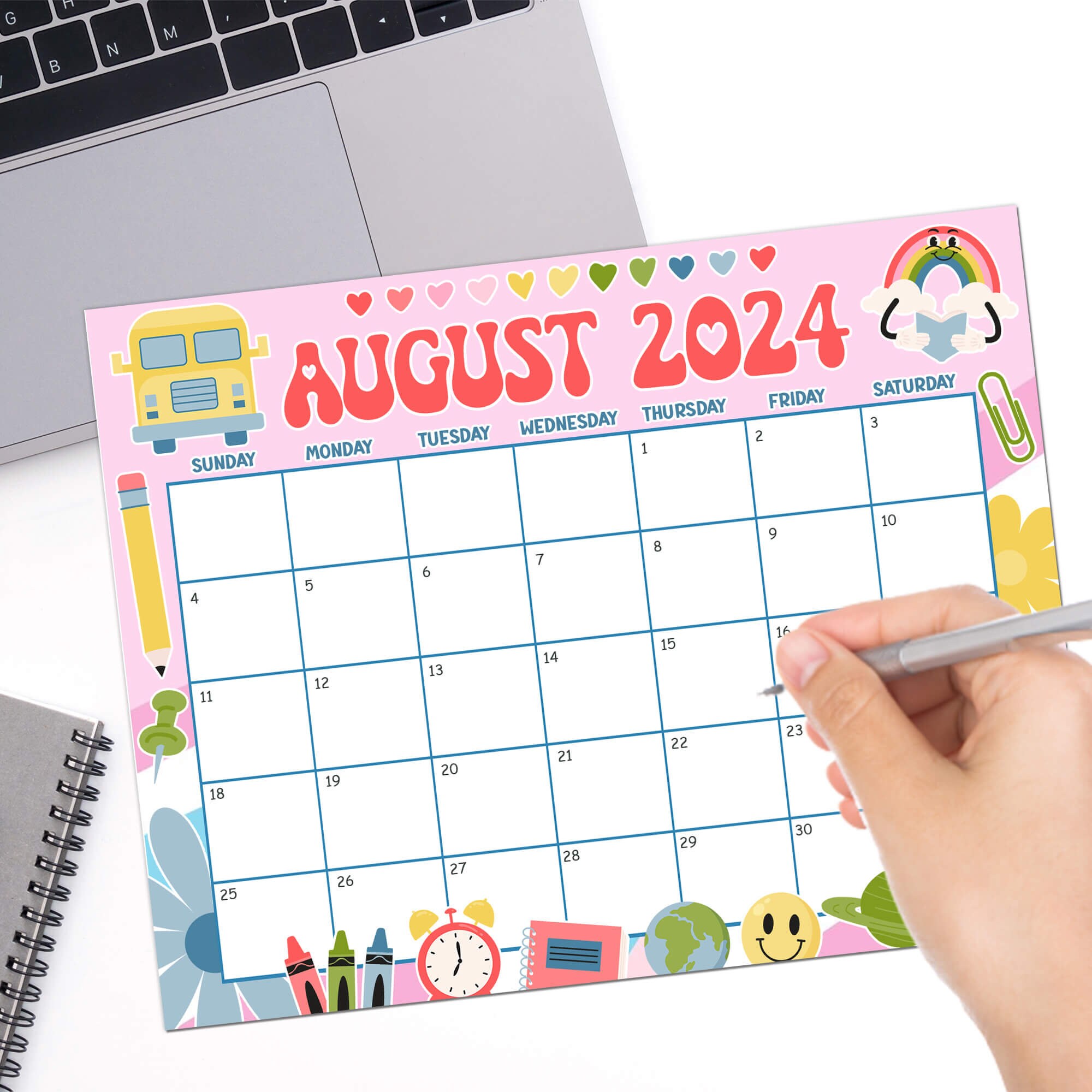 Back to School Themed August 2024 Calendar, Printable August School ...