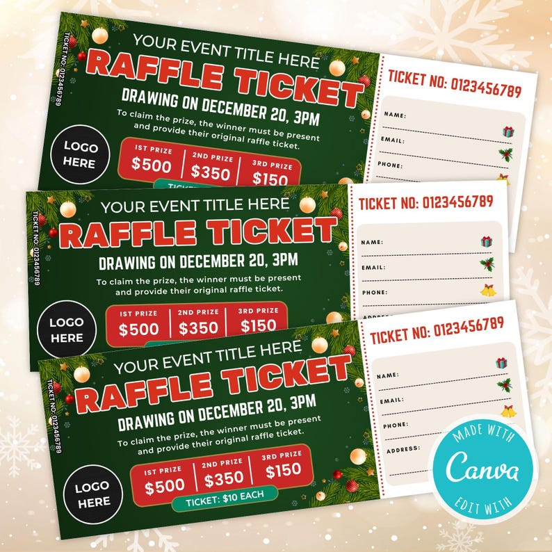 Editable Christmas Raffle Ticket Template: Xmas, Holiday and Fundraiser ...