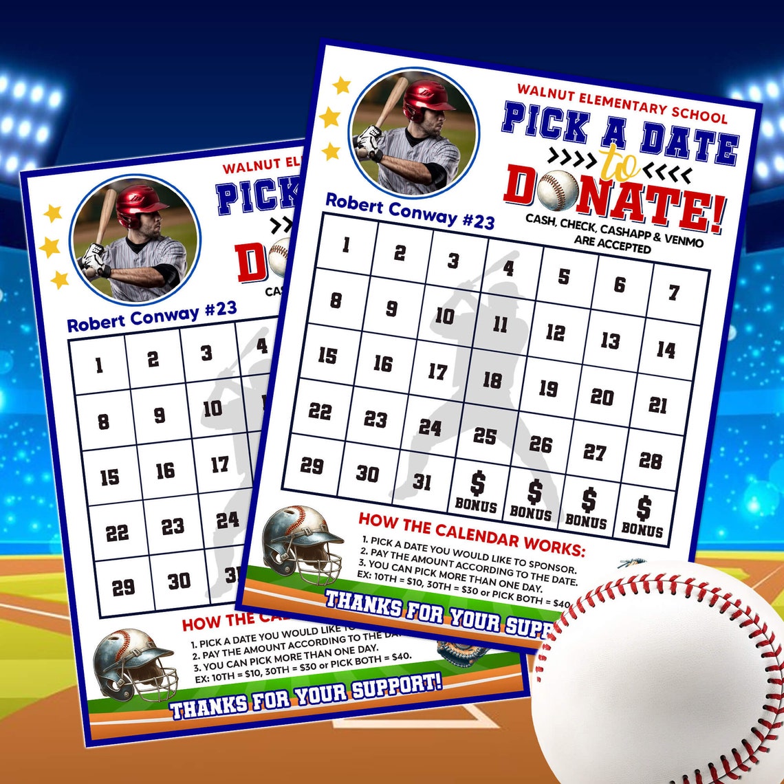 Editable Baseball Pick a Date to Donate, Sports Fundraising Calendar ...
