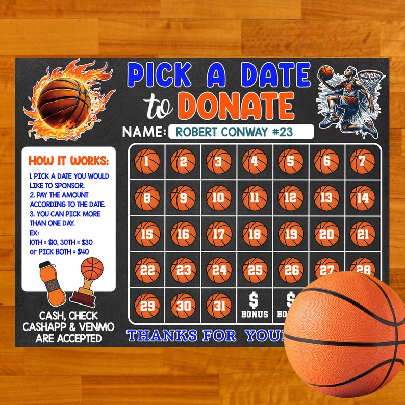 Editable Basketball Fundraiser Pick A Date to Donate Calendar ...