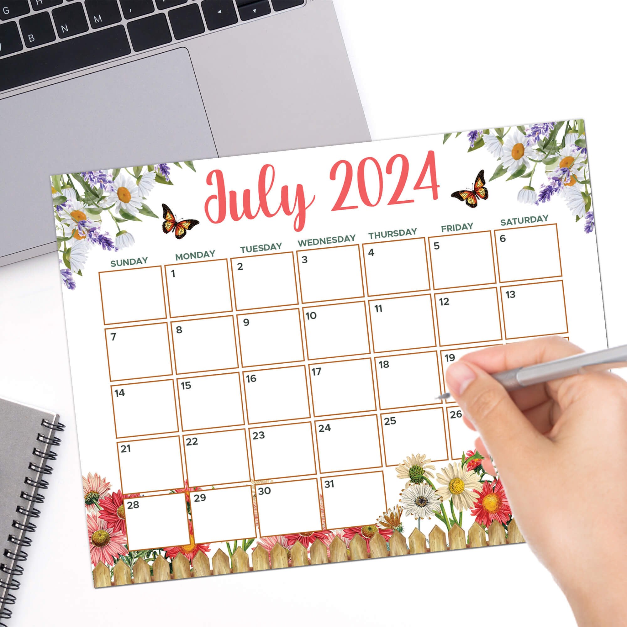 July 2024 Daisy Floral Themed Calendar, Printable Cute Daisies Calendar ...