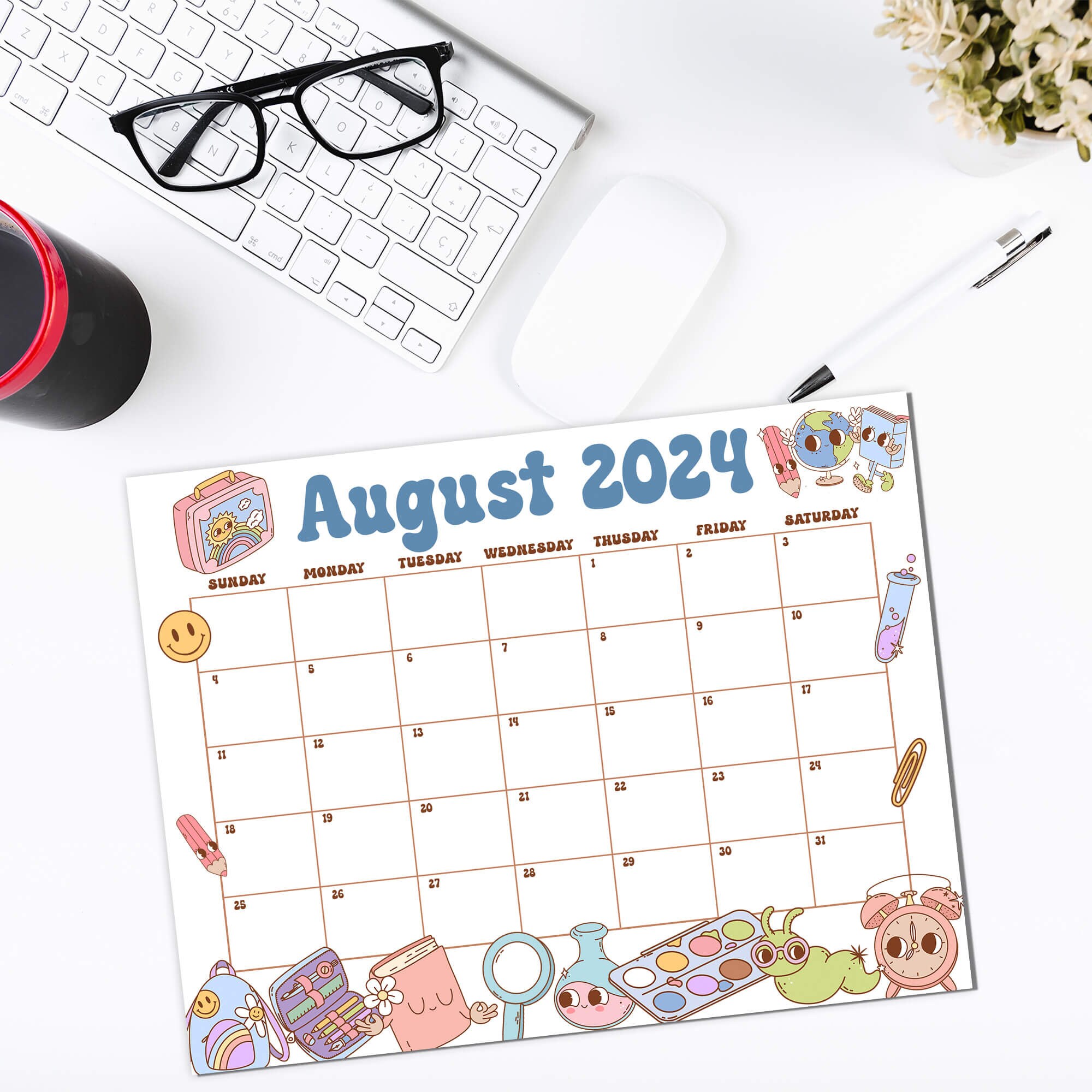 PDF Back to School Retro Vibe August 2024 Calendar, Printable Classic ...