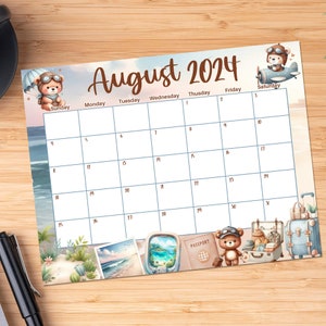 PDF Cute Travel Themed August 2024 Calendar, Printable Travel Bear ...