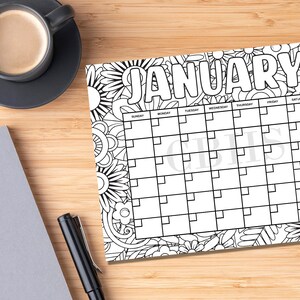 12 Month Adult Coloring Calendar Floral Pattern, Printable Adult ...