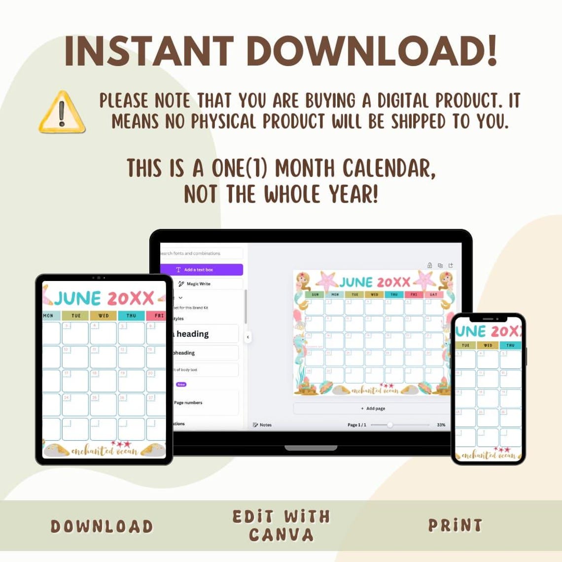 Editable Enchanted Ocean June Calendar | Mermaid Planner Template ...