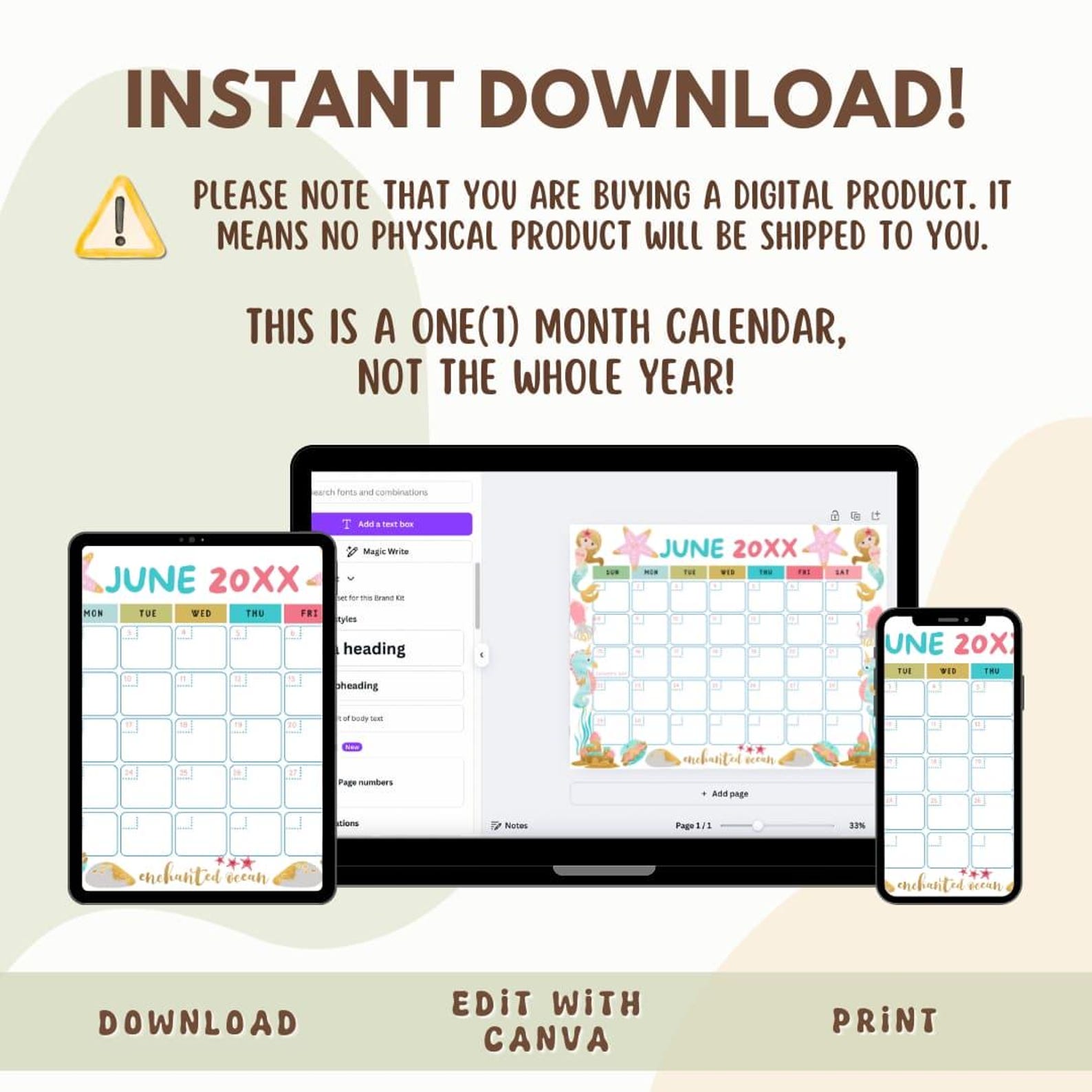 Editable Enchanted Ocean June Calendar | Mermaid Planner Template ...