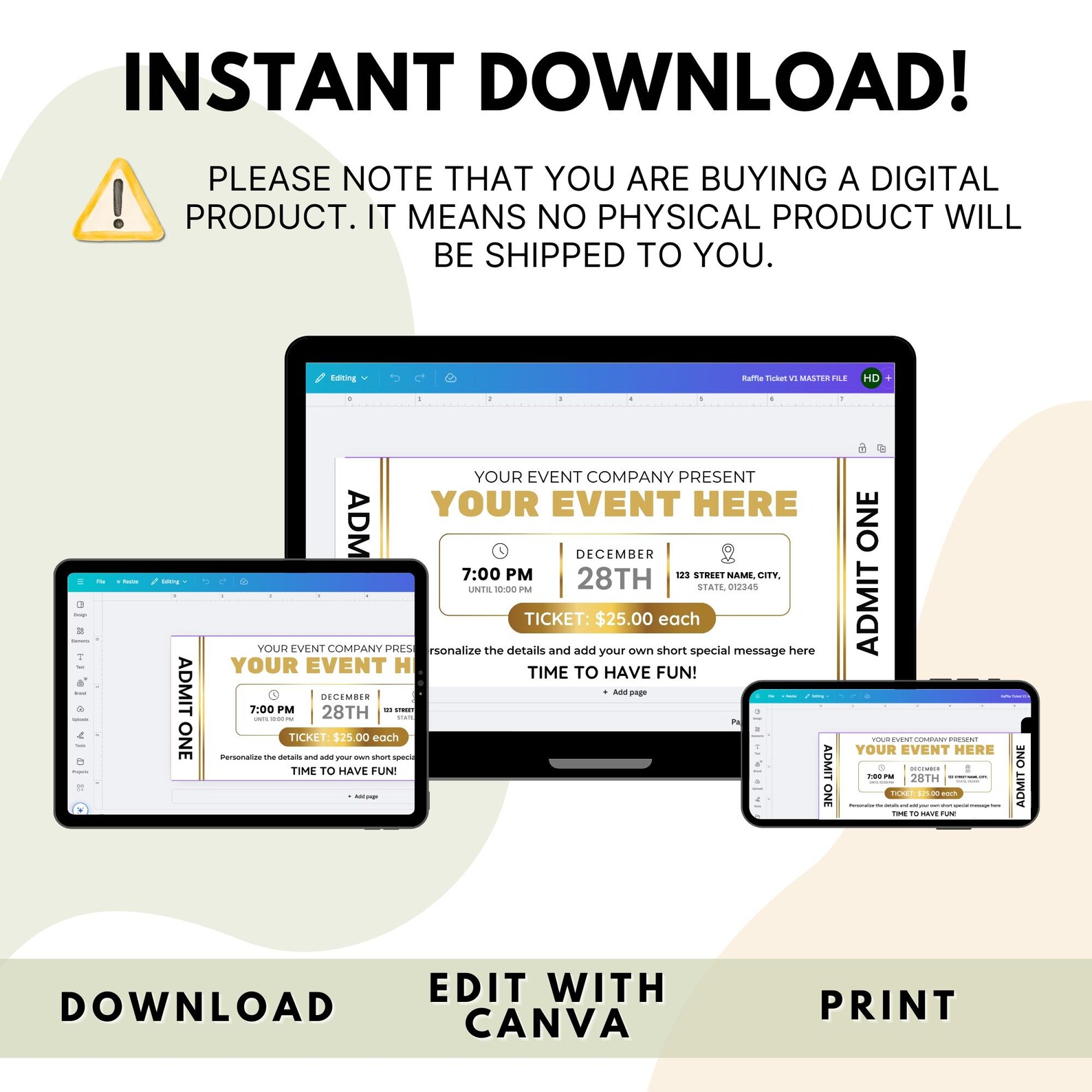 Editable Event Ticket Template | DIY Printable Event Tickets ...