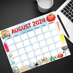 Printable August 2024 Back to School Themed Calendar, School Days Month ...