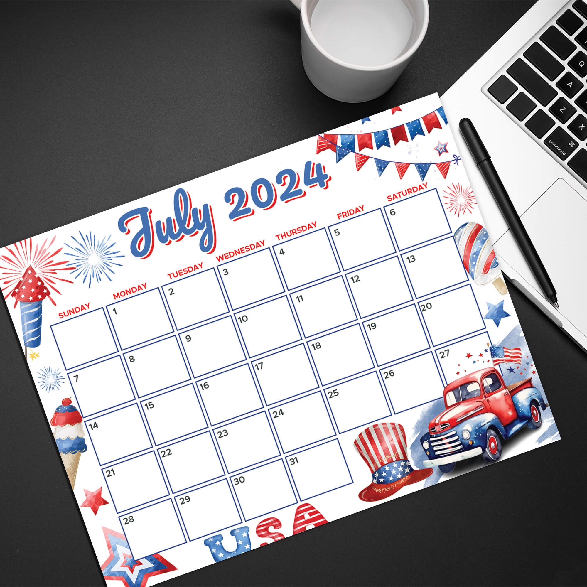 4th of July Day Calendar Planner, Printable July 2024 Calendar ...