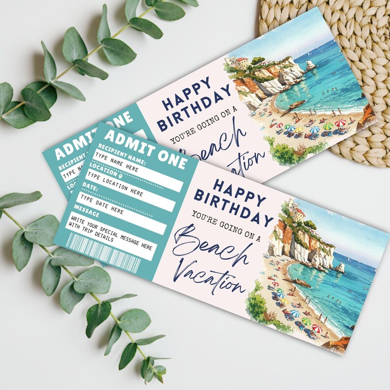 Editable Surprise Beach Vacation Reveal Gift Ticket | Printable Holiday ...