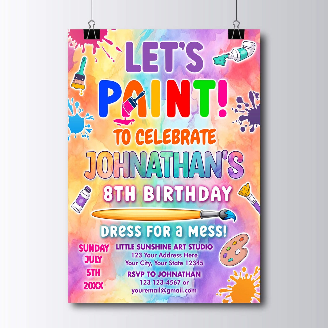 Editable Art Birthday Party, Paint Party Invitation Template, Rainbow ...