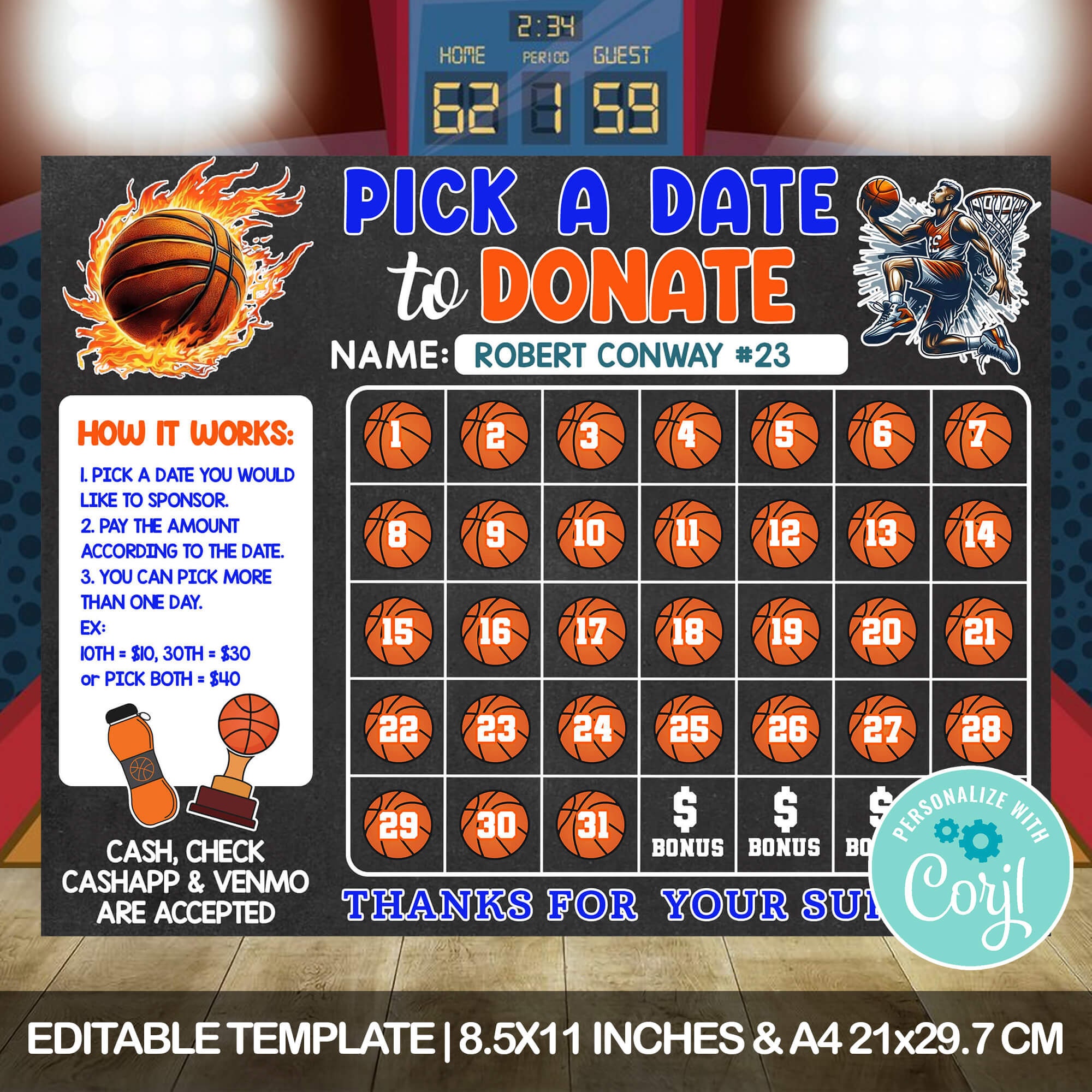 Editable Basketball Fundraiser Pick A Date to Donate Calendar ...