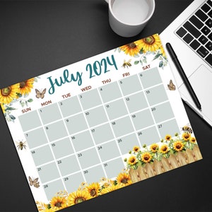 July 2024 Sunflower Summertime Calendar, Printable Sunflower Themed ...