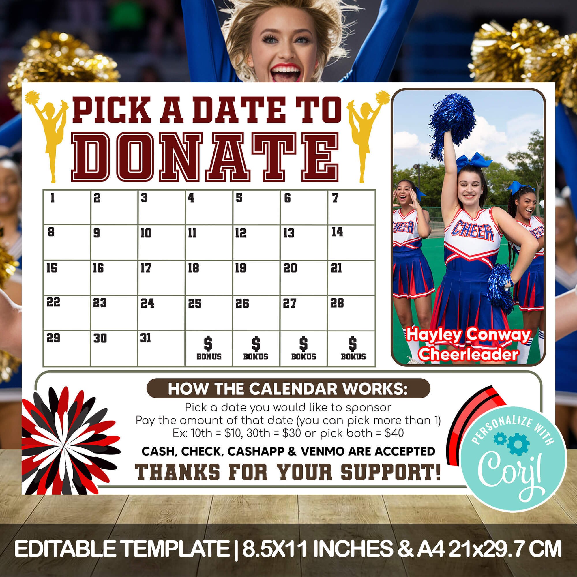 Editable Cheer Fundraiser Pick A Date to Donate Calendar, Cheerleading ...