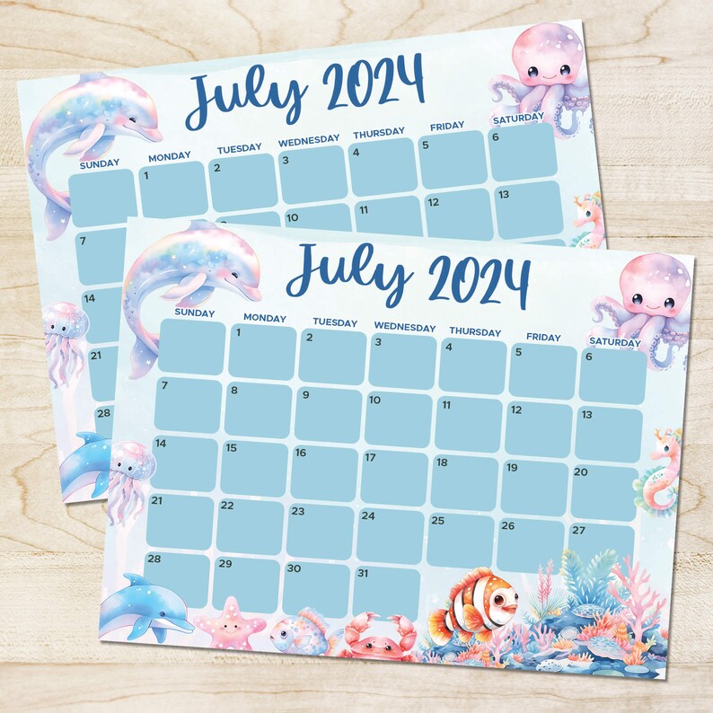 July 2024 Under the Sea Summer Calendar, Printable Cute Underwater ...