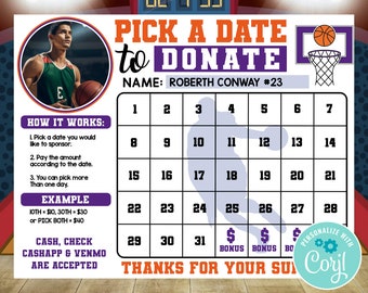 Basketball Donation Calendar Printable Editable, Pick a Date to Donate ...