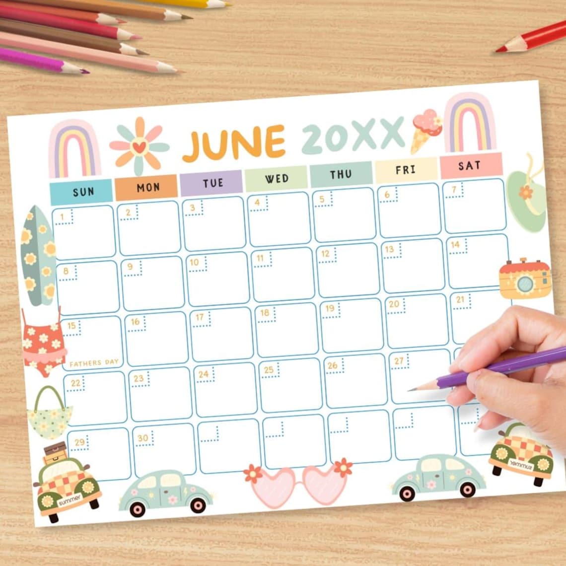 Editable Retro Summer June Calendar Template | Groovy Aesthetic ...