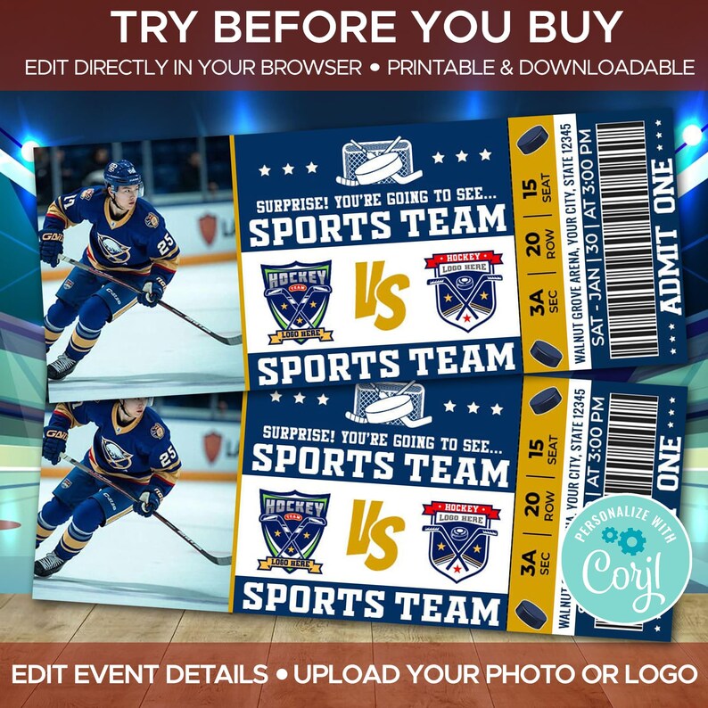 Editable Hockey Ticket Template | Sports Game Ticket | Surprise Gift ...
