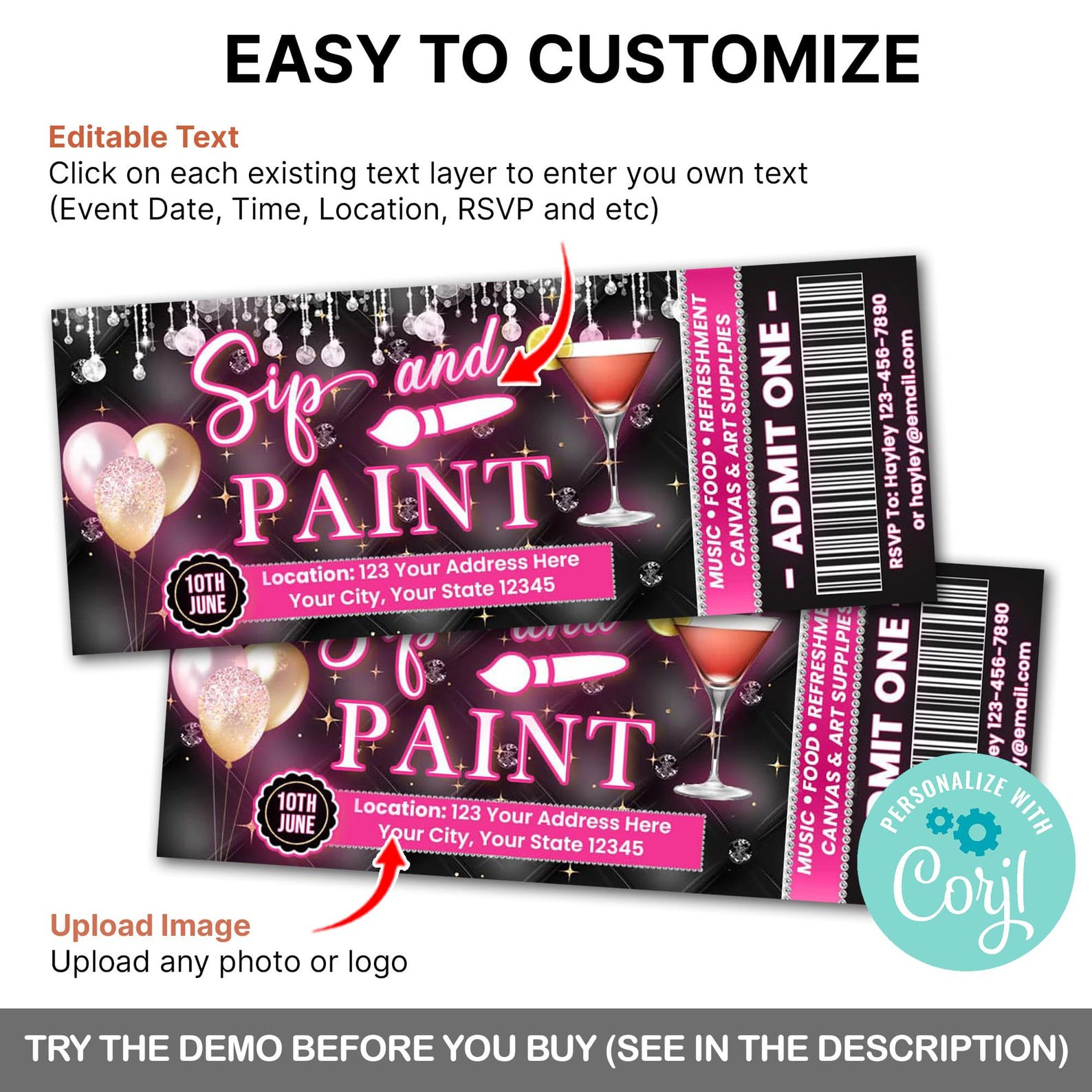 Paint and Sip Ticket | Editable Paint Party Themed Event Ticket | Sip ...