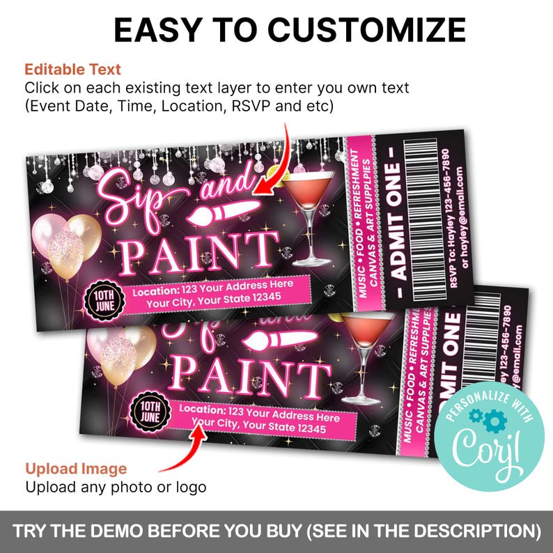 Paint and Sip Ticket | Editable Paint Party Themed Event Ticket | Sip ...