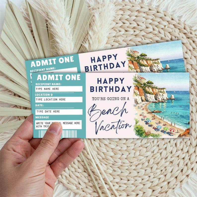 Editable Surprise Beach Vacation Reveal Gift Ticket | Printable Holiday ...