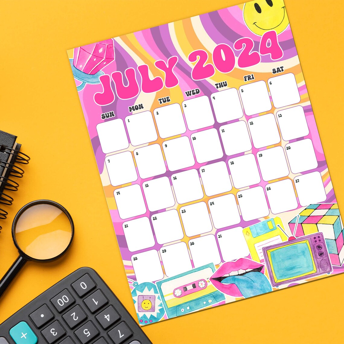 Printable Retro Theme Colorful July 2024 Calendar, Printable Retro Vibe ...