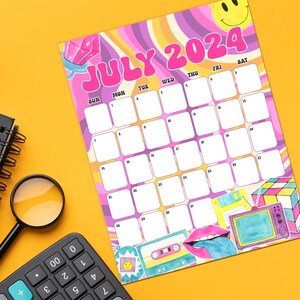 Printable Retro Theme Colorful July 2024 Calendar, Printable Retro Vibe ...