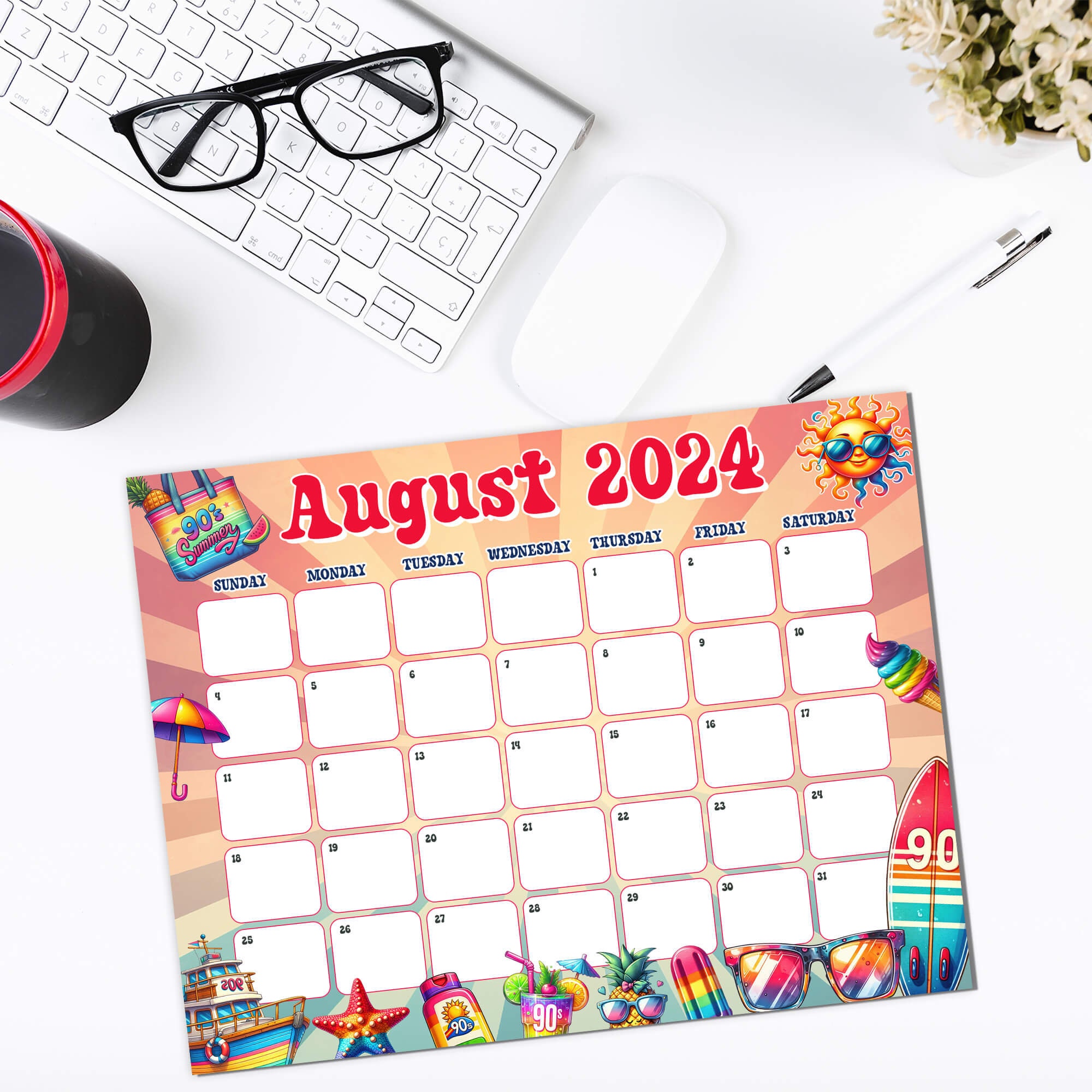 Printable 90's Retro Summer Theme August 2024 Calendar, Vintage Groovy ...