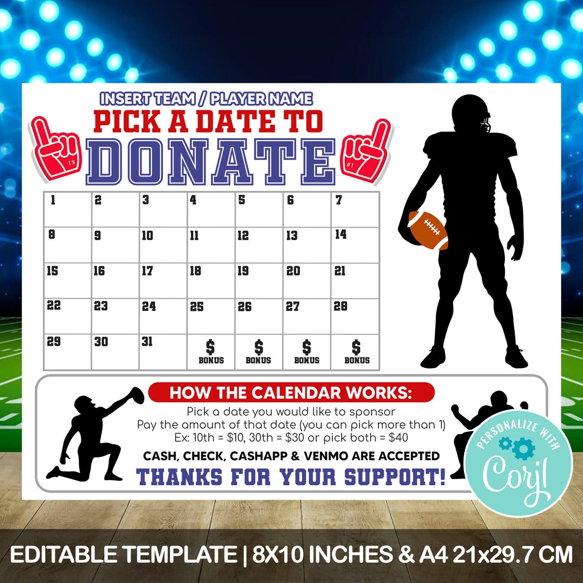 Editable Football Fundraiser Donation Calendar Template, Pick a Date to ...