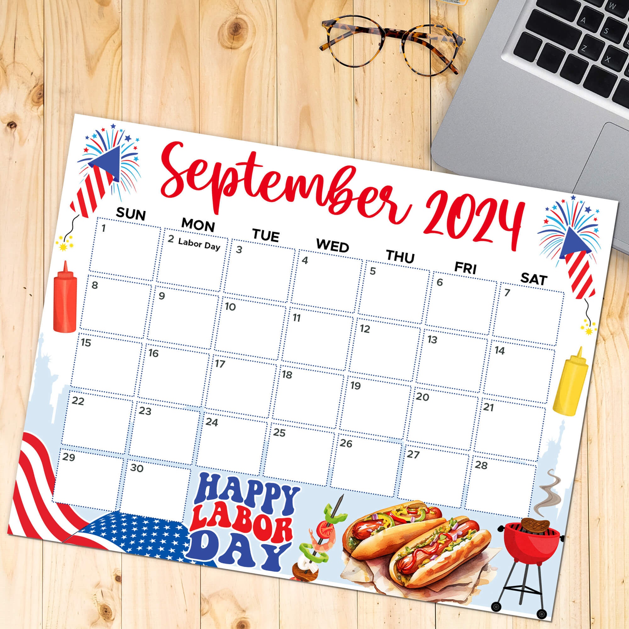 Labor Day BBQ Cookout Printable Calendar September 2024 - Etsy