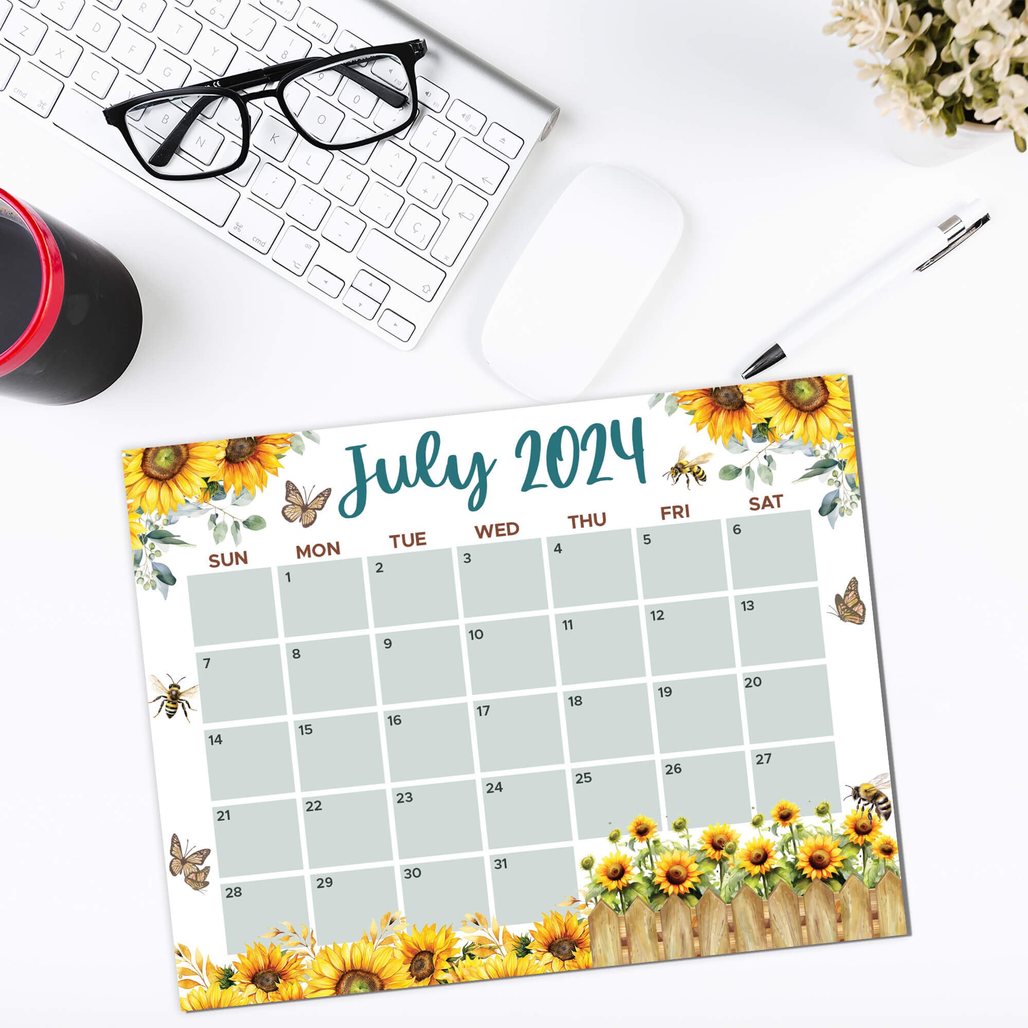 July 2024 Sunflower Summertime Calendar, Printable Sunflower Themed ...