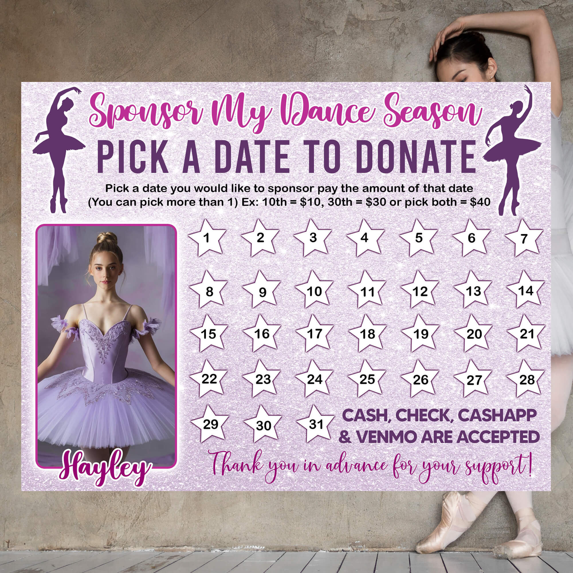 Editable Dance Themed Donation Calendar, Ballet Donation, School Ballet ...