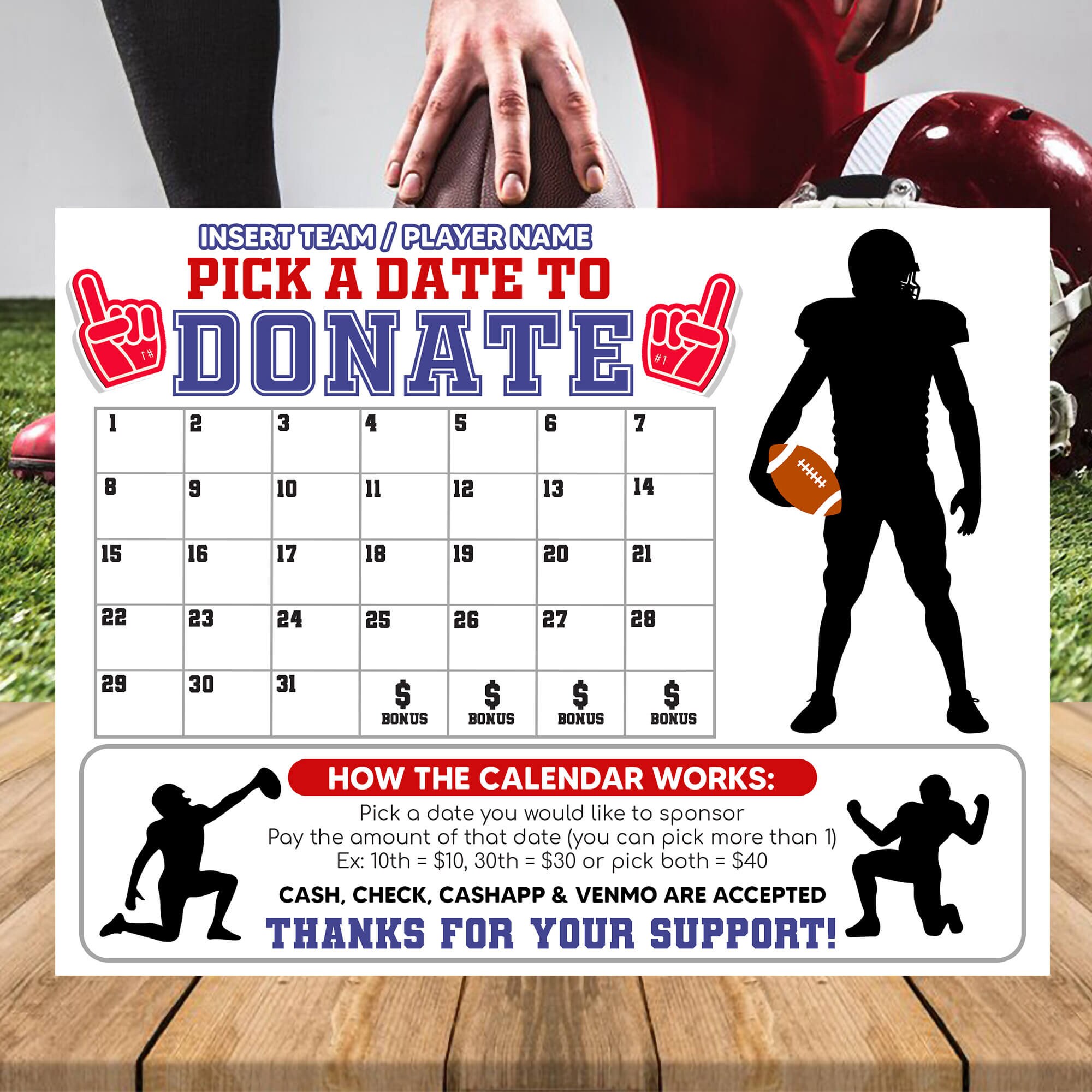 Editable Football Fundraiser Donation Calendar Template, Pick a Date to ...