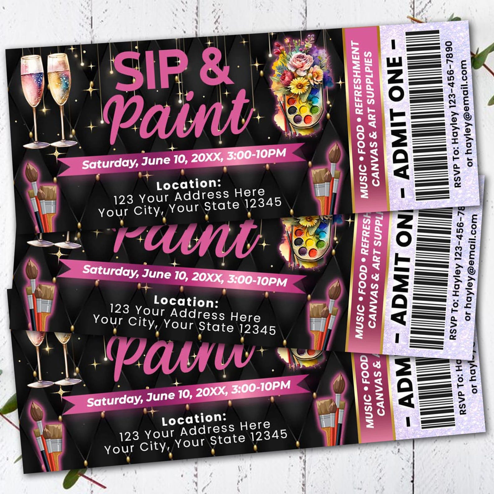 Paint Party Themed Event Ticket | Editable Paint and Sip Ticket Invite ...