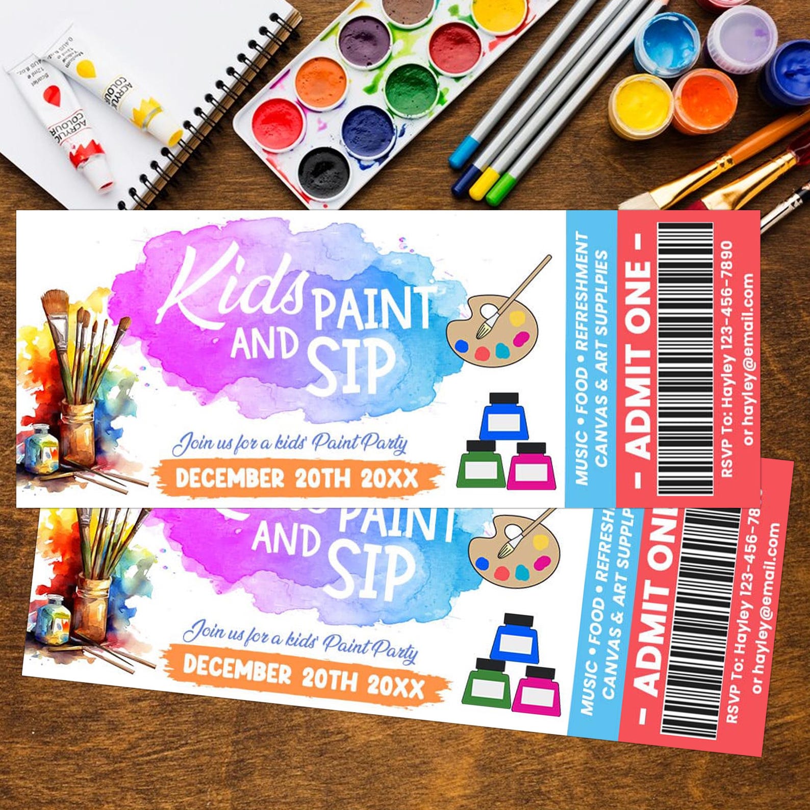DIY Kids Paint and Sip Ticket | Editable Kids Paint Party Event Ticket ...