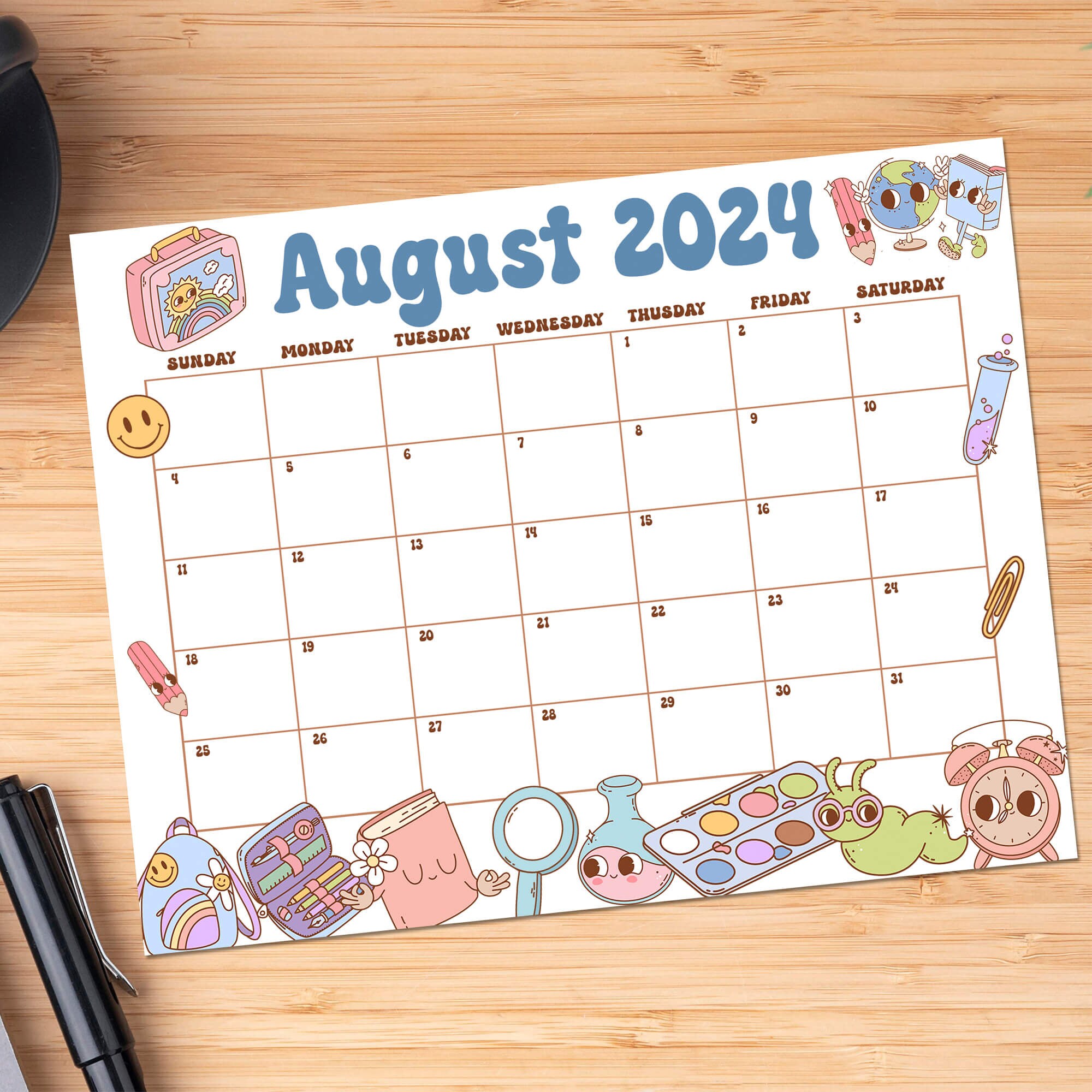 PDF Back to School Retro Vibe August 2024 Calendar, Printable Classic ...
