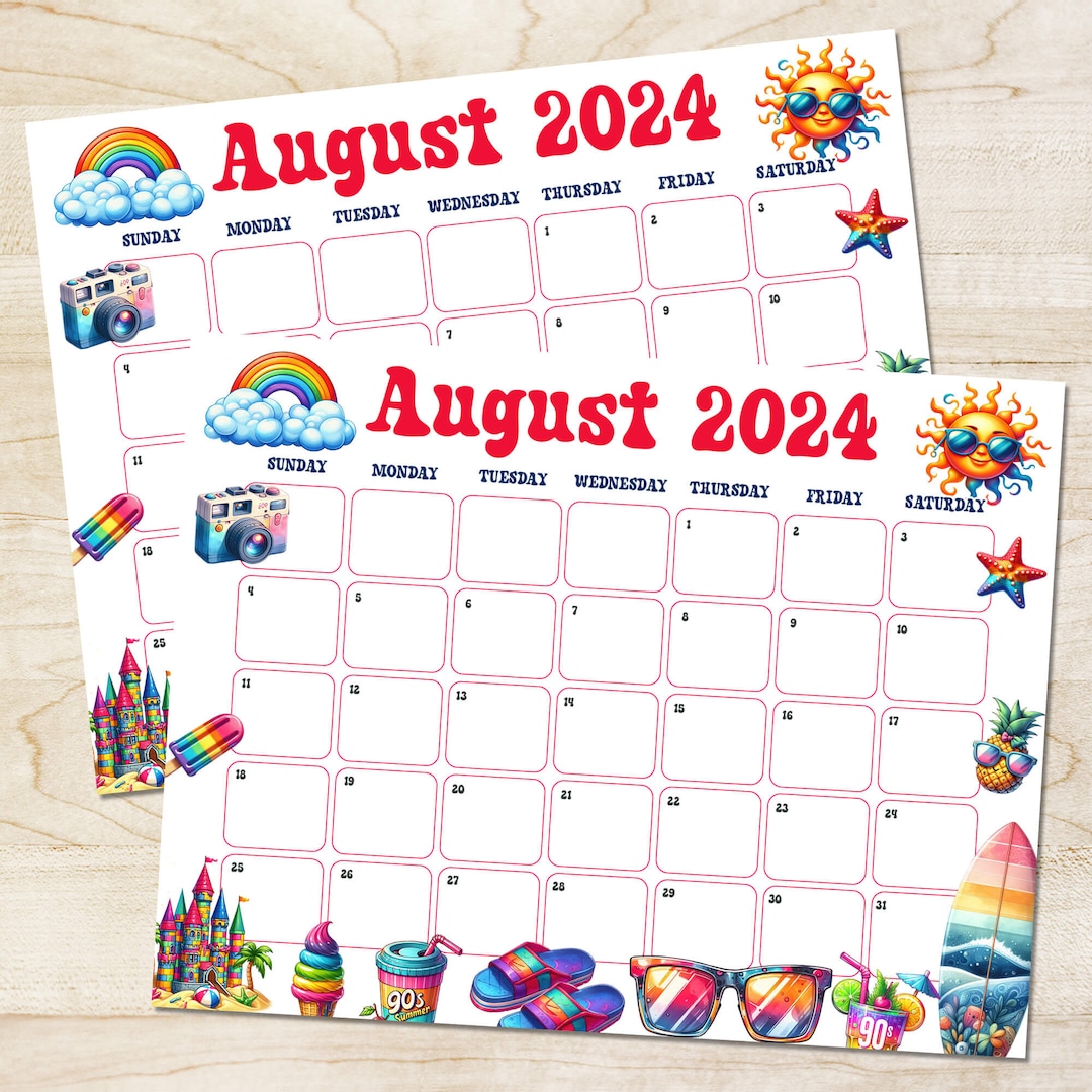PDF August 2024 Retro 90's Summer Vibe Theme Calendar, Printable ...
