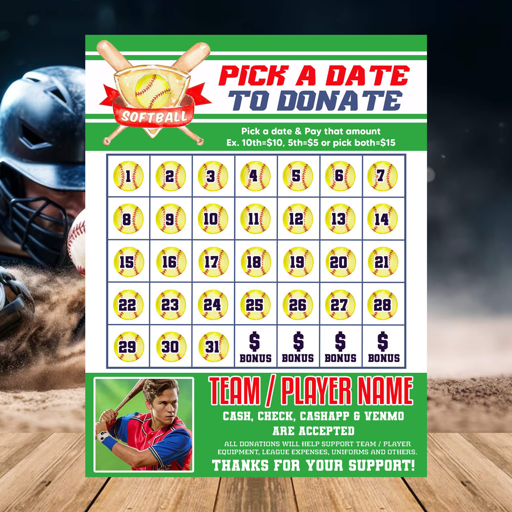 Editable Softball Pick a Date to Donate, Sports Fundraising Calendar ...
