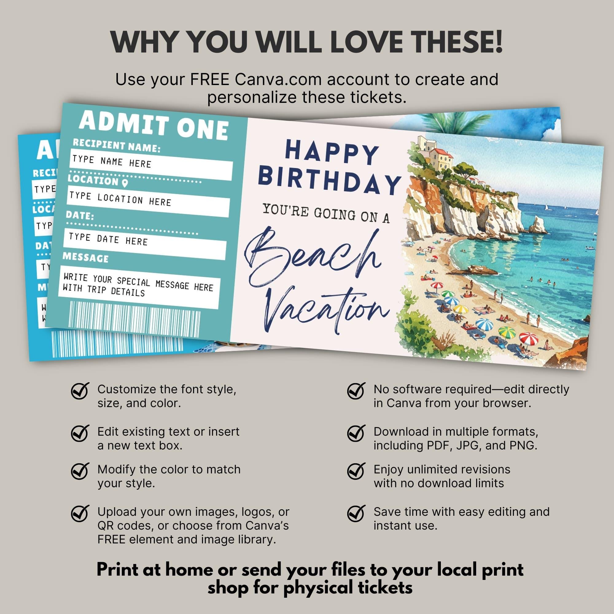 Editable Surprise Beach Trip Ticket | Vacation Tickets Template ...
