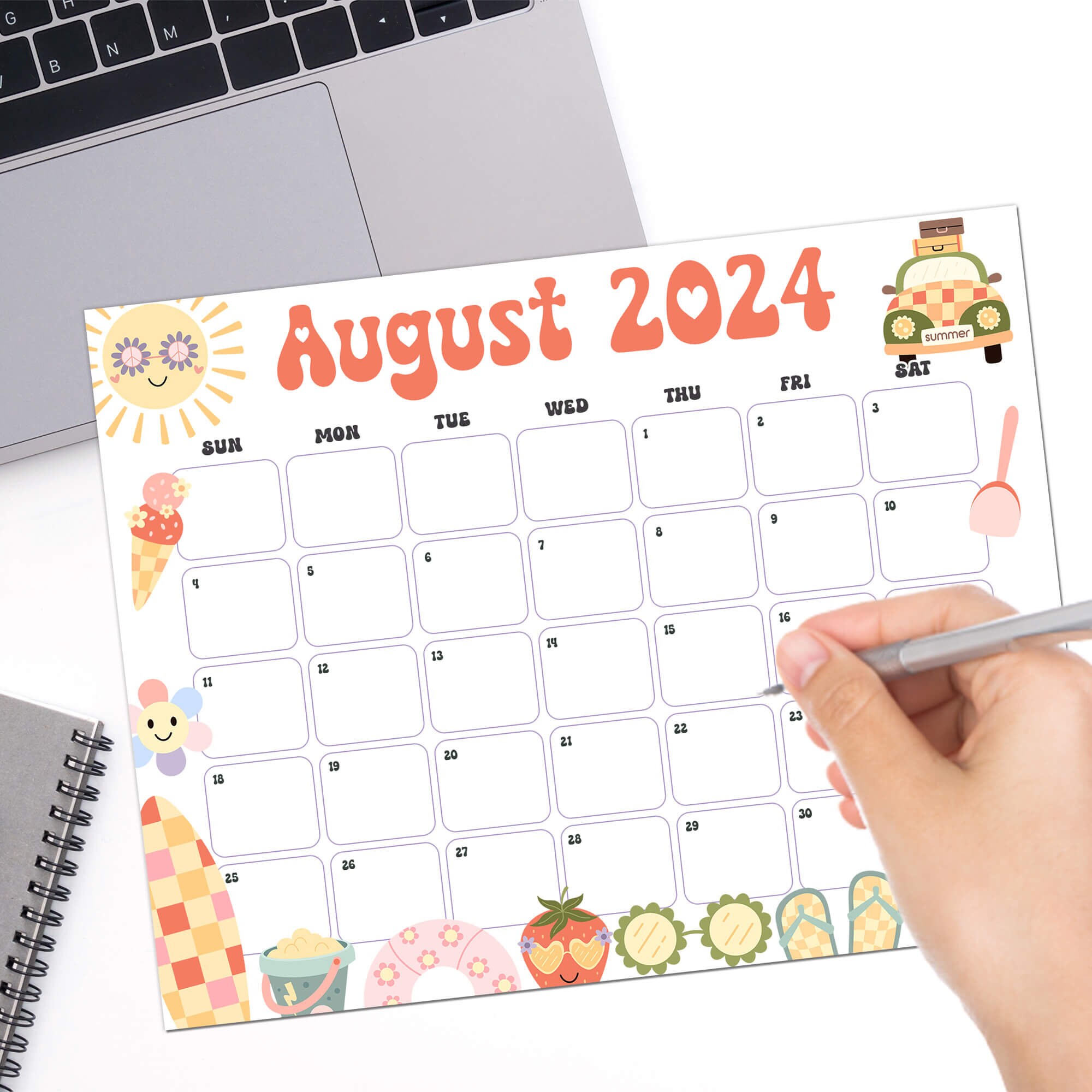 PDF Cute Retro Summer Vibe Theme August 2024 Calendar, Printable ...