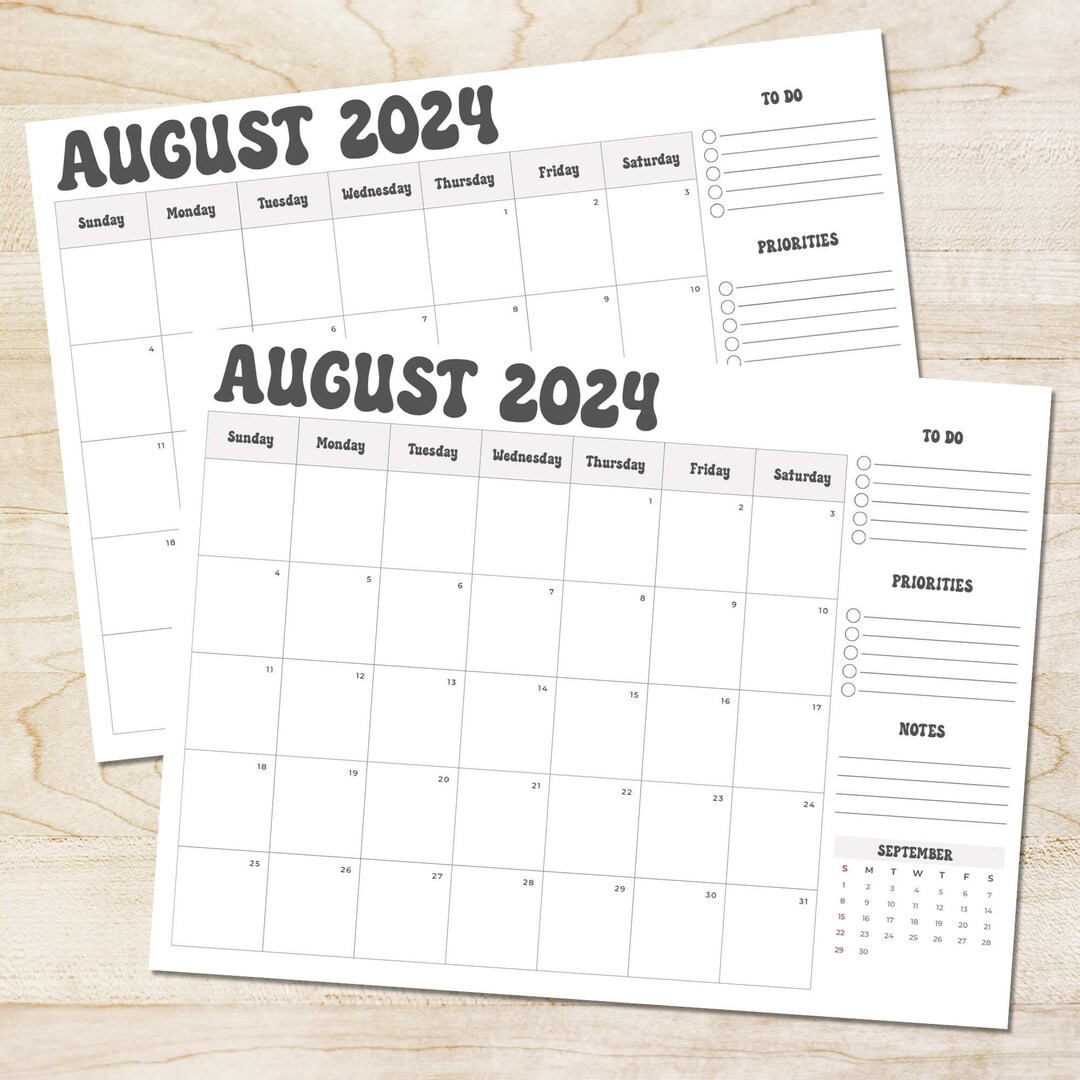 Retro Minimalist August 2024 Calendar, Printable Clean Vintage Classic ...