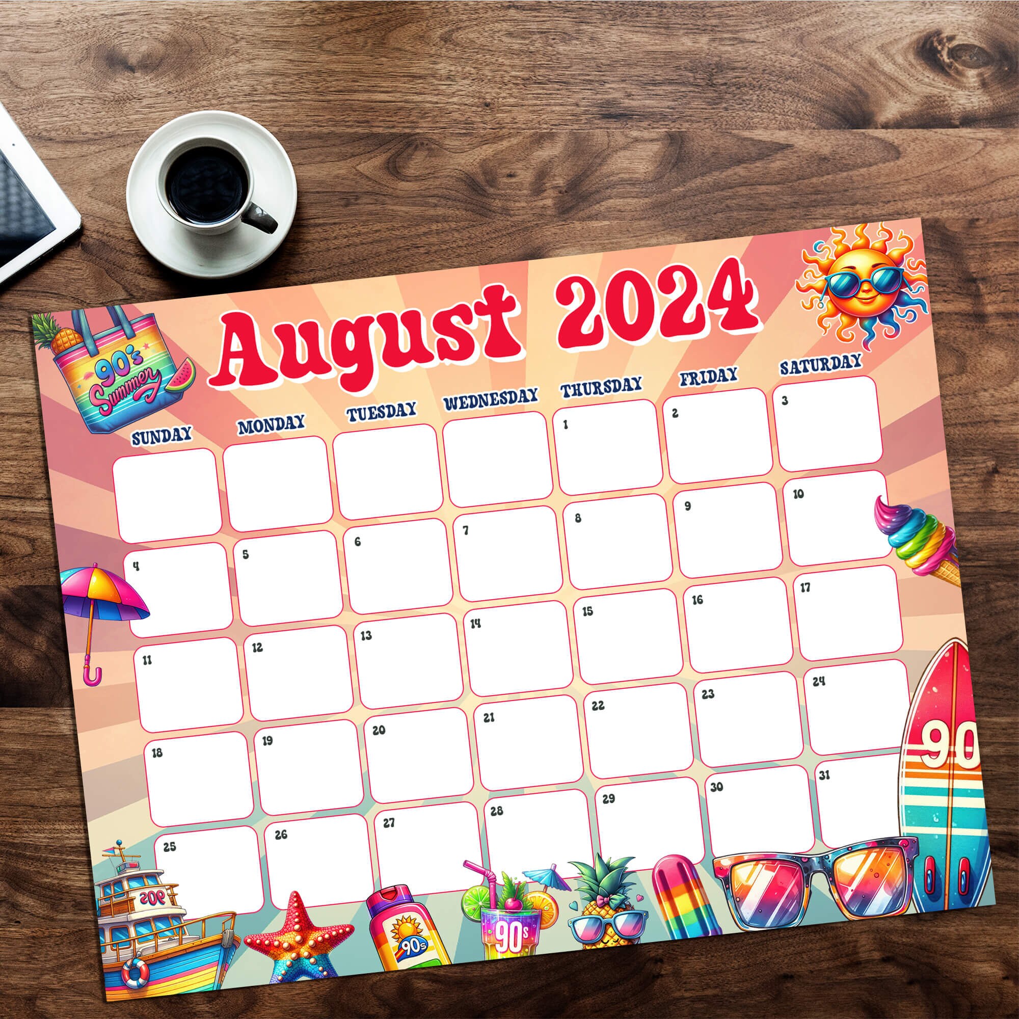 Printable 90's Retro Summer Theme August 2024 Calendar, Vintage Groovy ...