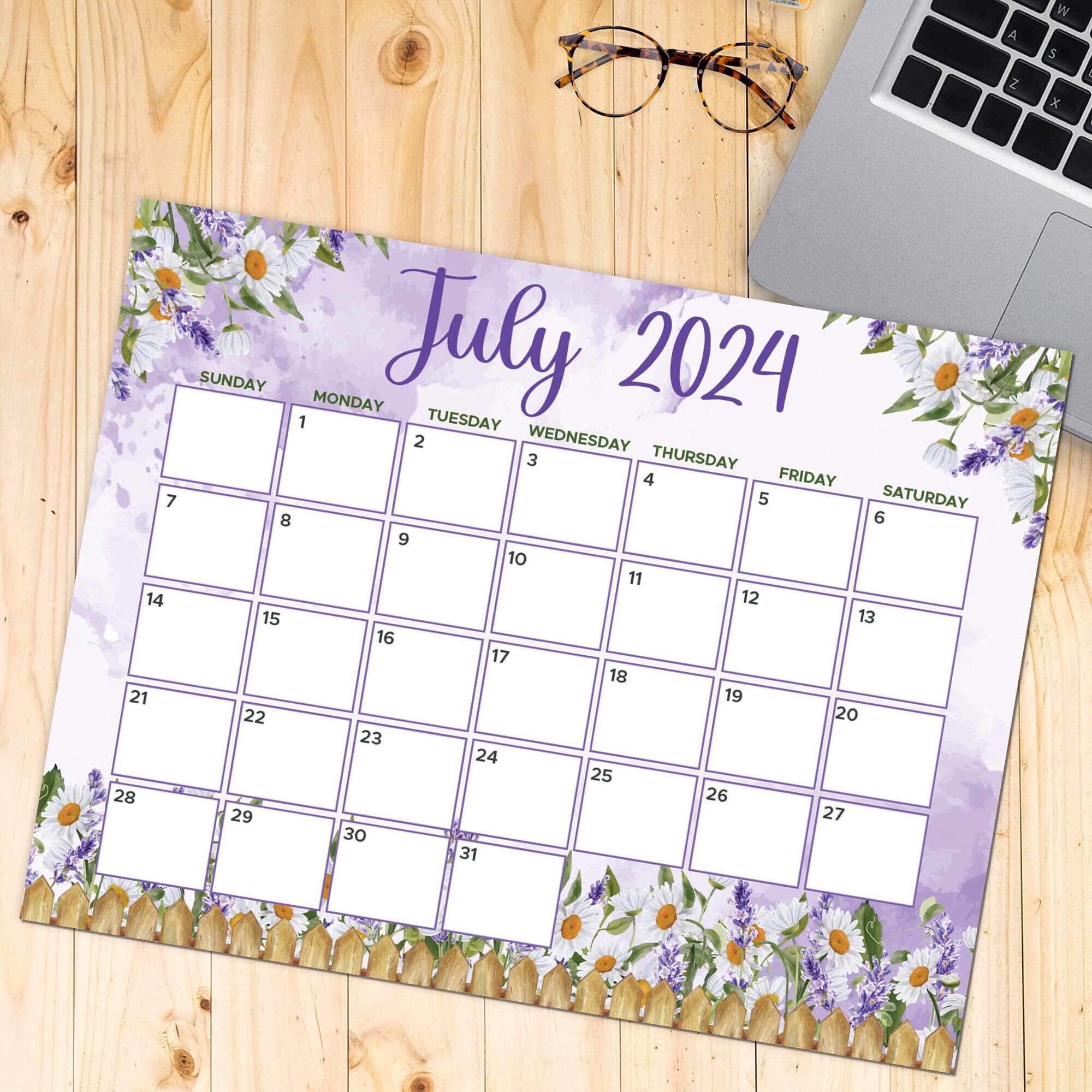 July 2024 Daisy Calendar, Printable Summer Floral Planner, Monthly ...