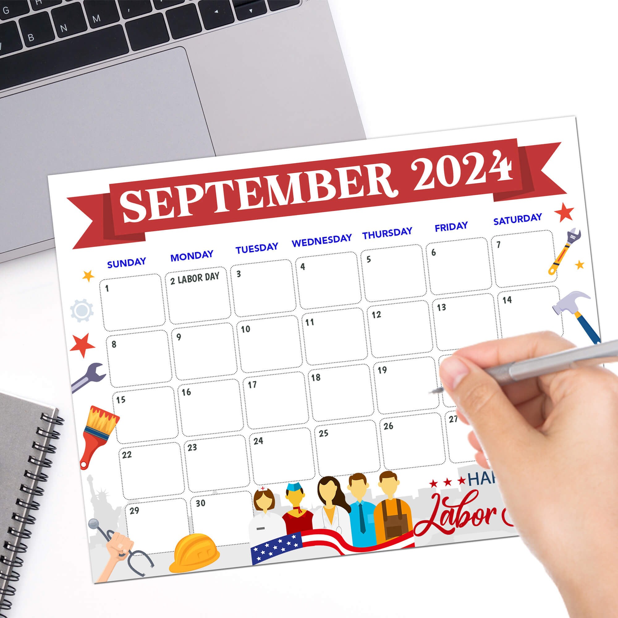 Printable September 2024 Calendar With Labor Day Theme - Etsy