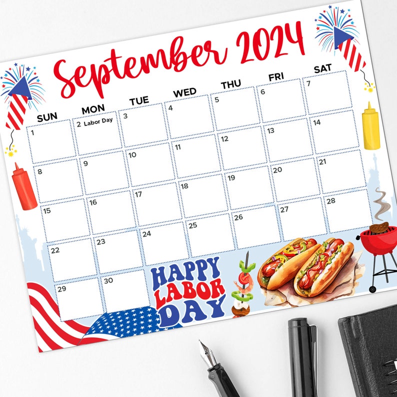 Labor Day BBQ Cookout Printable Calendar September 2024 - Etsy