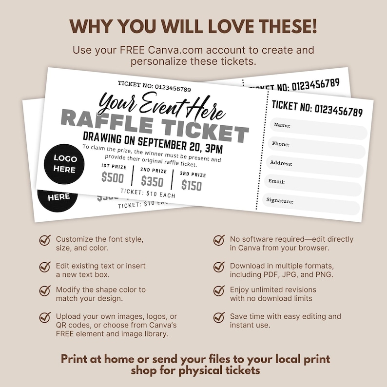 Editable Event Raffle Fundraiser Ticket Template | Printable Charity ...