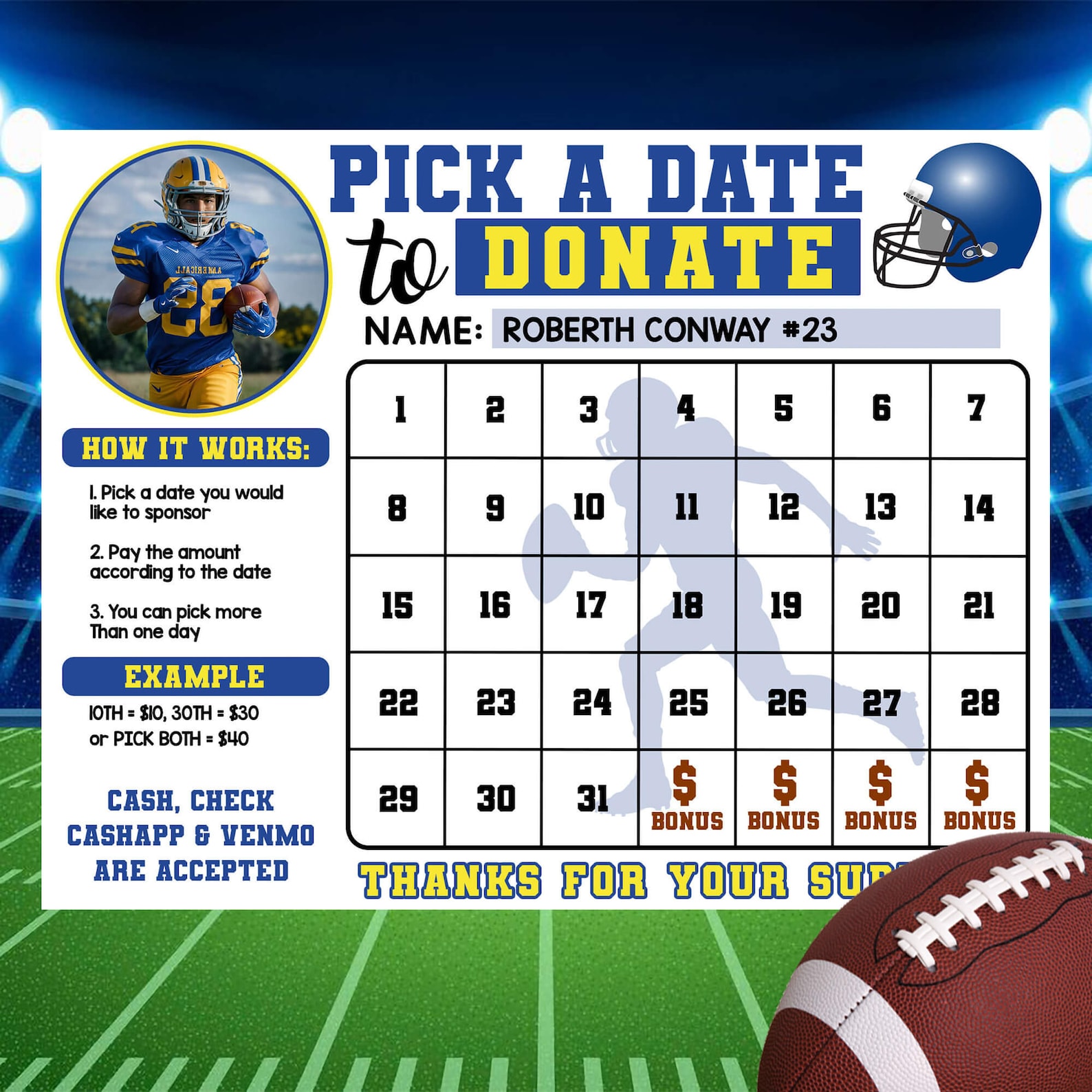 Editable Football Calendar Fundraiser, Football Pick a Date to Donate ...