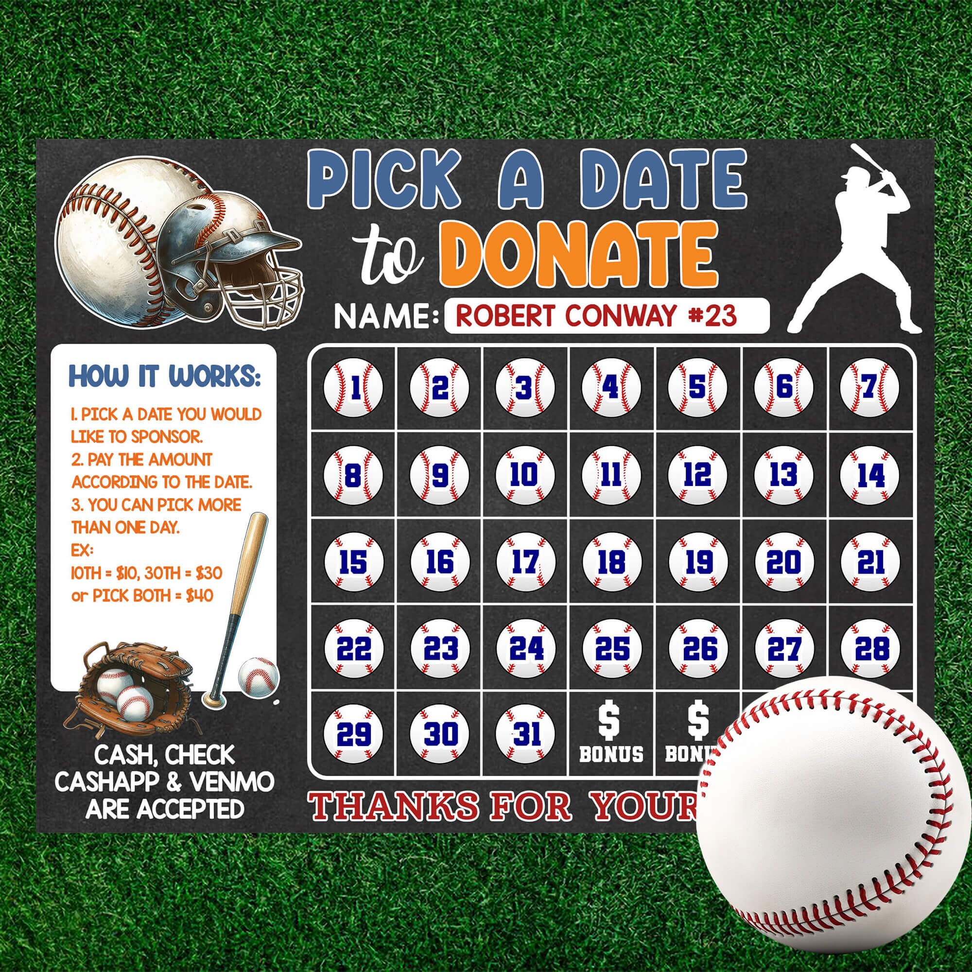 Editable Baseball Pick a Date to Donate Calendar Flyer, Pay the Date ...